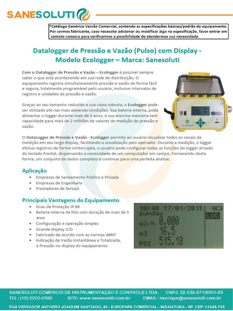 Catalogo Comercial Datalogger de Pressão e Vazão Por Pulso - Ecologger ...