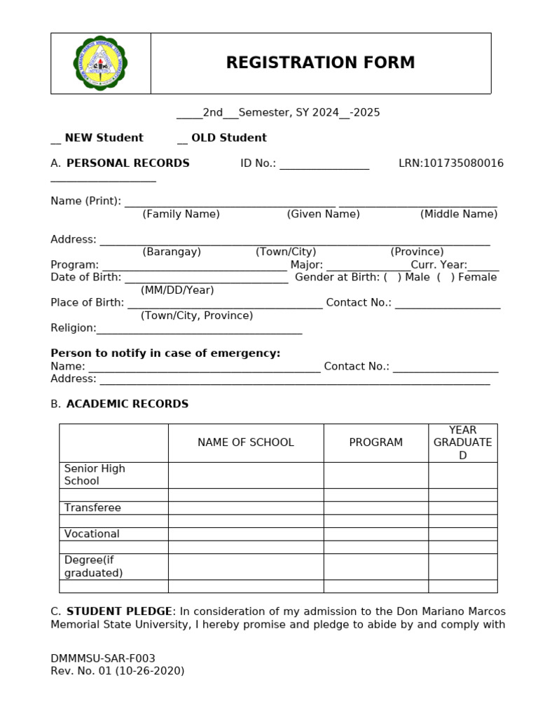 Sar F003 Registration Form 1 | PDF