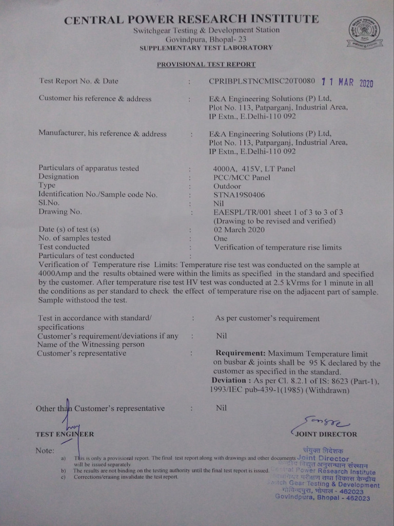 Temp Rise Certificate | PDF