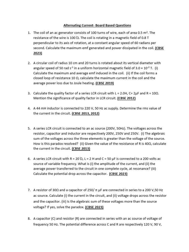 Alternating Current worksheet | PDF | Inductor | Electrical Network