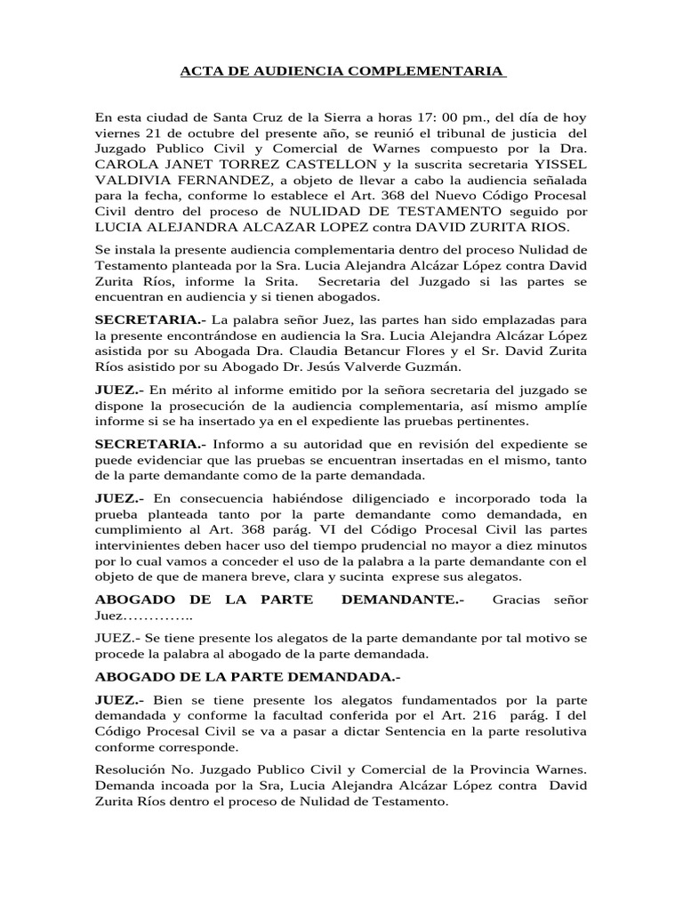 Acta de Audiencia Complementaria | PDF | Demanda judicial | Sentencia (ley)