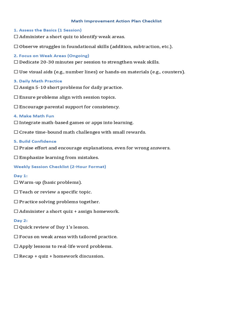 Math Improvement Checklist | PDF