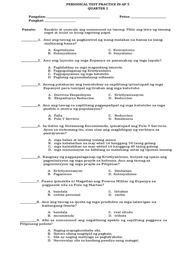 Periodical Test Practice in Ap-5 | PDF