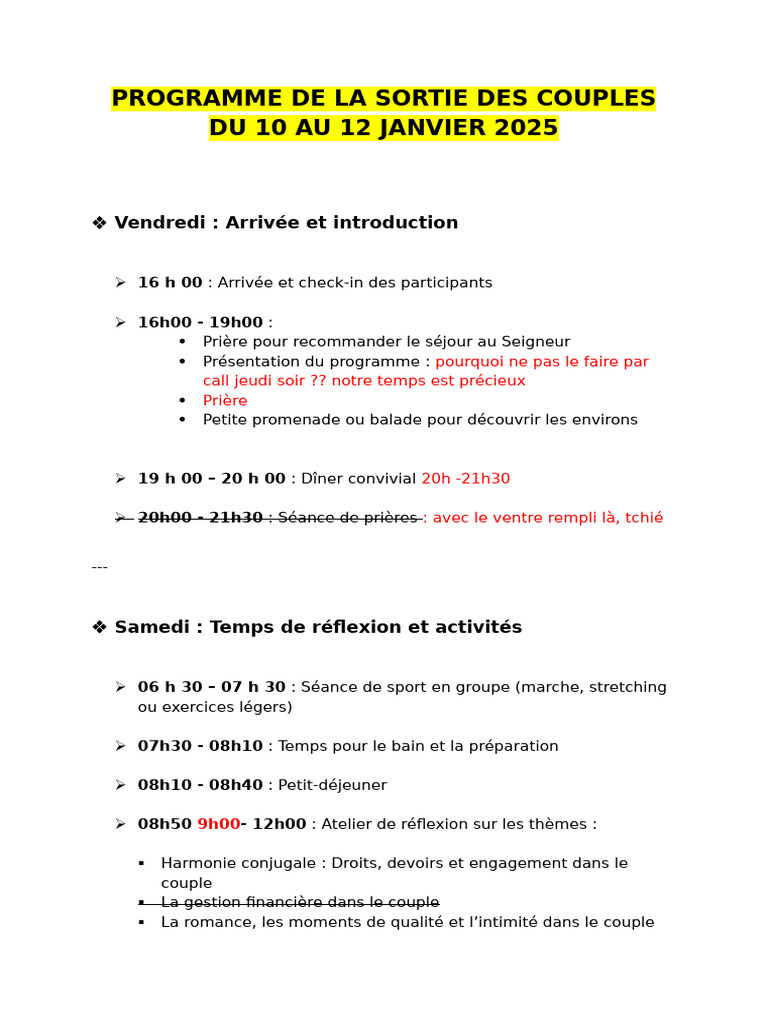 Programme Sortie Couples 10-12 Jan 2025 | PDF