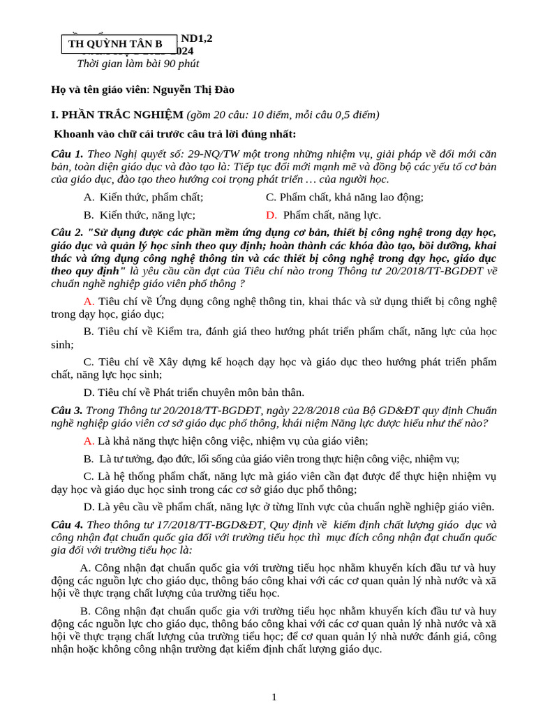 Bài kiểm tra BDTX ND 1,2 | PDF