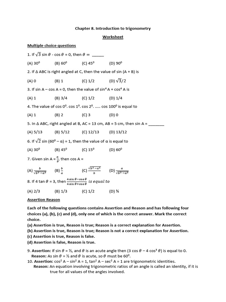 Worksheet On Trigonometry Class 10 | PDF | Trigonometry | Trigonometric ...