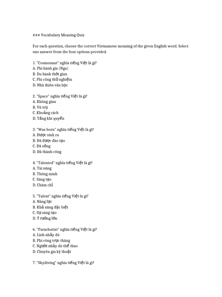 Vocabulary Meaning Quiz | PDF