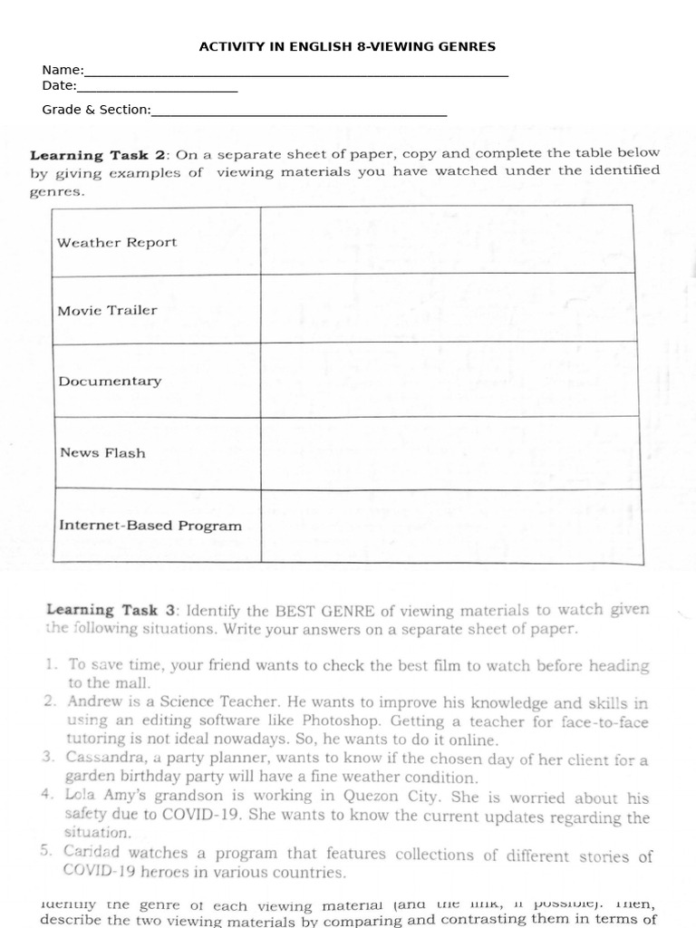 Activity in English 8-Viewing Genres | PDF