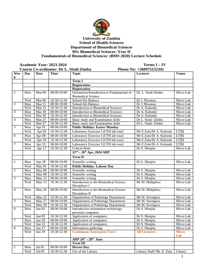 BMS 2020 Fundamentals Teaching Schedule Draft 1 2024 1 | PDF ...