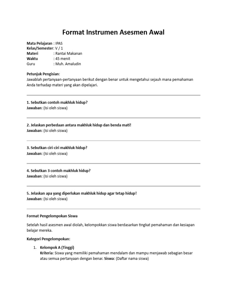 Instrumen Asesmen Awal Dan Diferensiasi Kelas 5 Mapel IPAS | PDF
