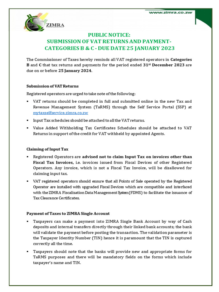 Public Notice 7 of 2024 VAT Returns and Payments - Categories B and C ...
