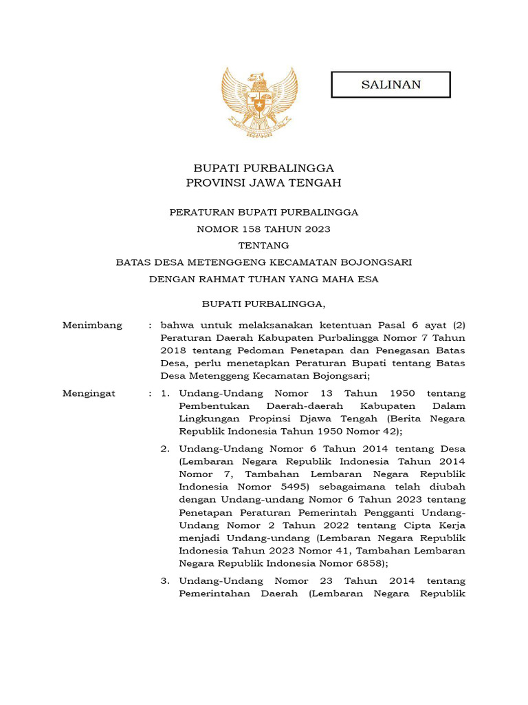 Perbup Kab. Purbalingga Tahun 2023 No 158 - Ocr | PDF
