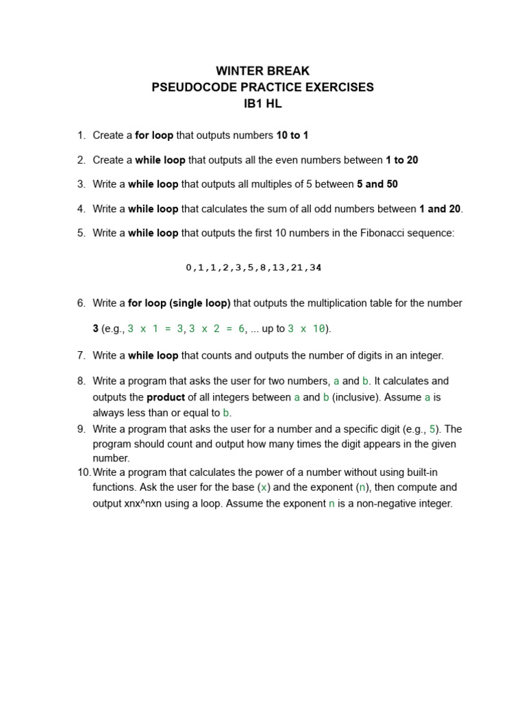 Pseudocode Practice Exercises for IB1 HL | PDF