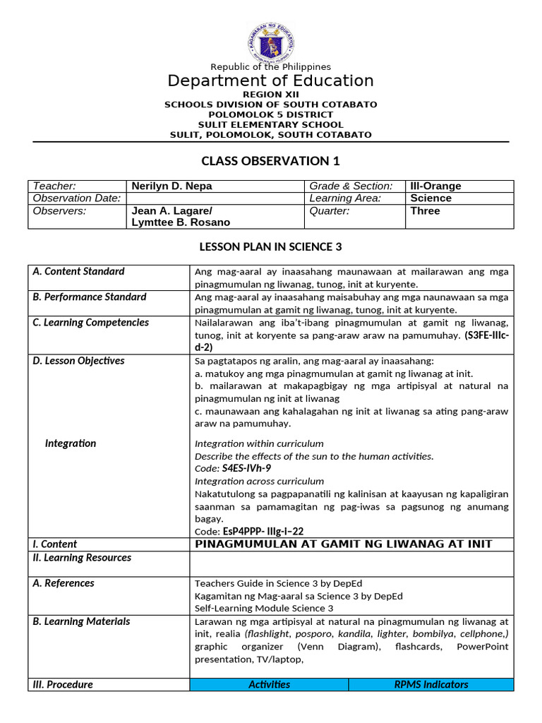 Co1 3 Lesson Plan Science 3 1 | PDF