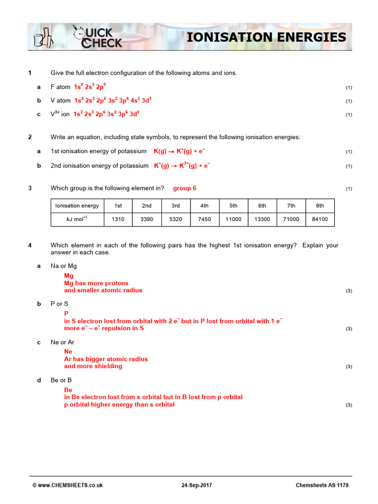 Chemsheets AS 1178 QC Ionisation Energies ANS 0pmbf | PDF | Atomic ...