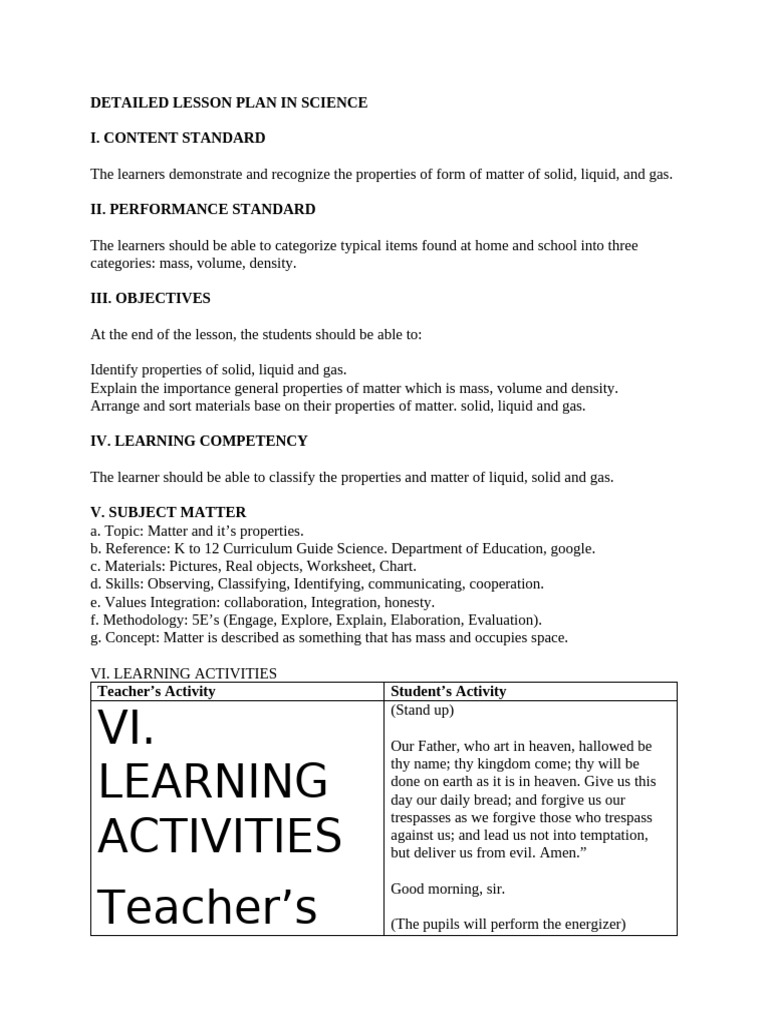 DETAILED LESSON PLAN IN SCIENCE | PDF | Lord's Prayer | Lesson Plan