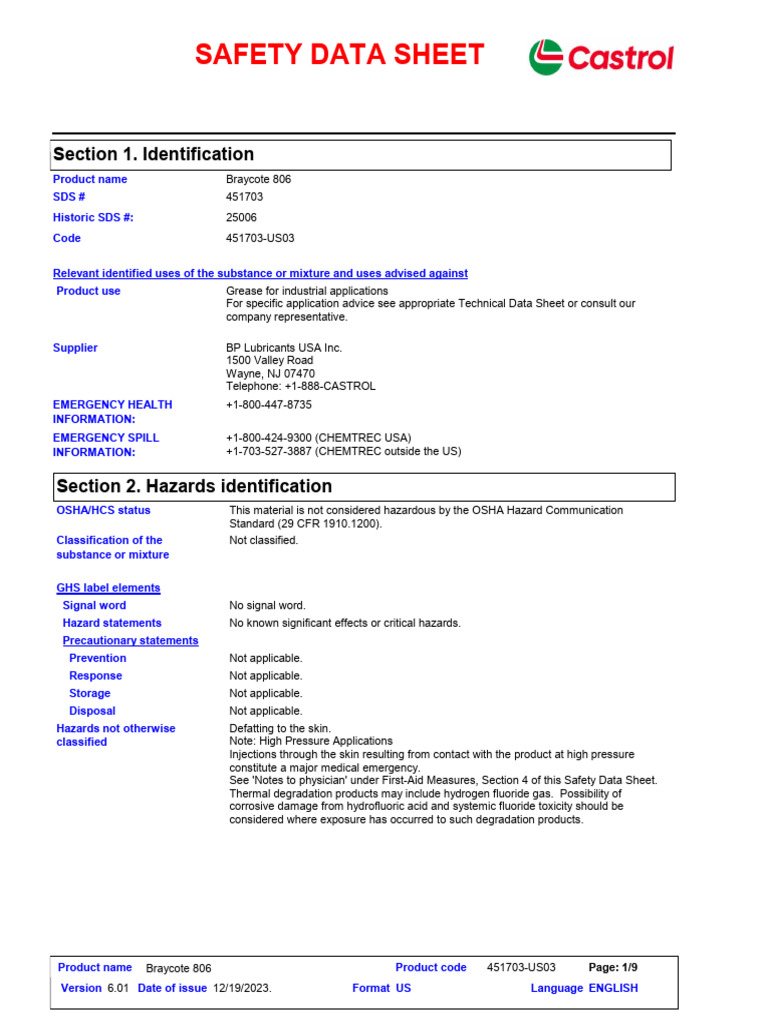 Castrol Braycote 806 | PDF | Personal Protective Equipment | Dangerous ...
