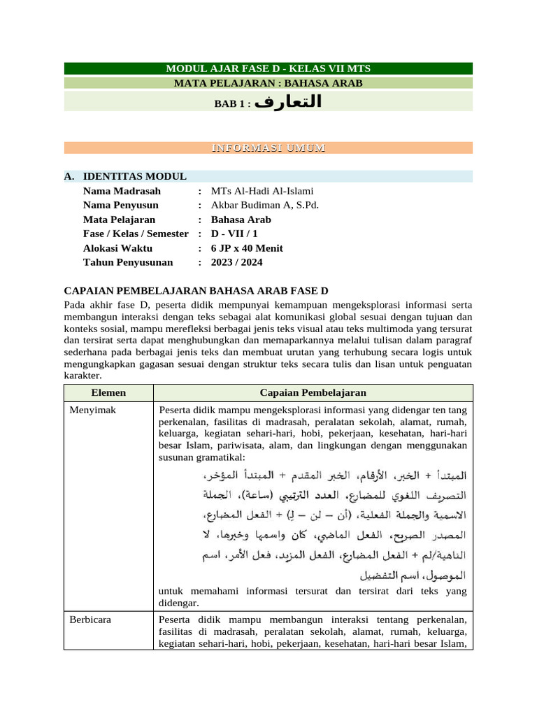 Modul Ajar Bahasa Arab Kelas 7 Bab 1 (Modulguruku - Com) | PDF