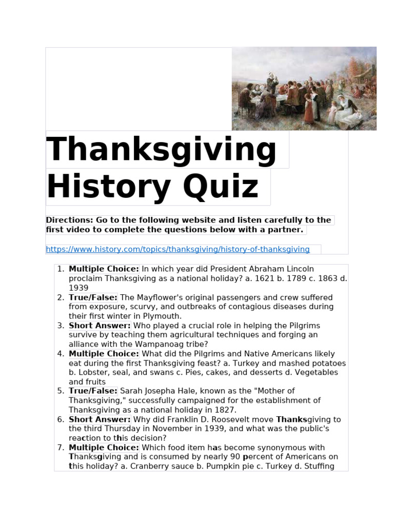 Thanksgiving History Quiz Questions | PDF