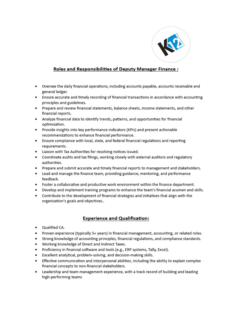 Deputy Manager Finance Responsibilities | PDF | Financial Statement ...