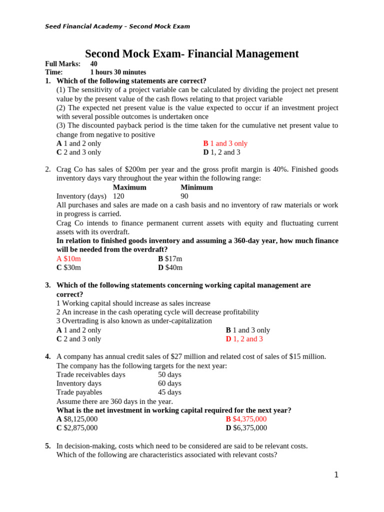 Financial Management Mock Exam Questions | PDF | Net Present Value ...