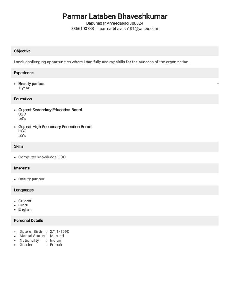 Beauty Parlour Professional Resume | PDF