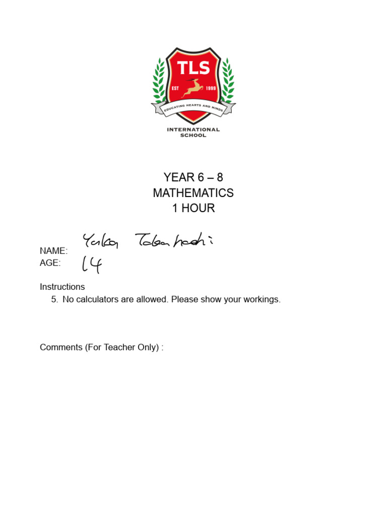 Maths Placement Test Y6 - Y8 | PDF | Circle | Mathematics