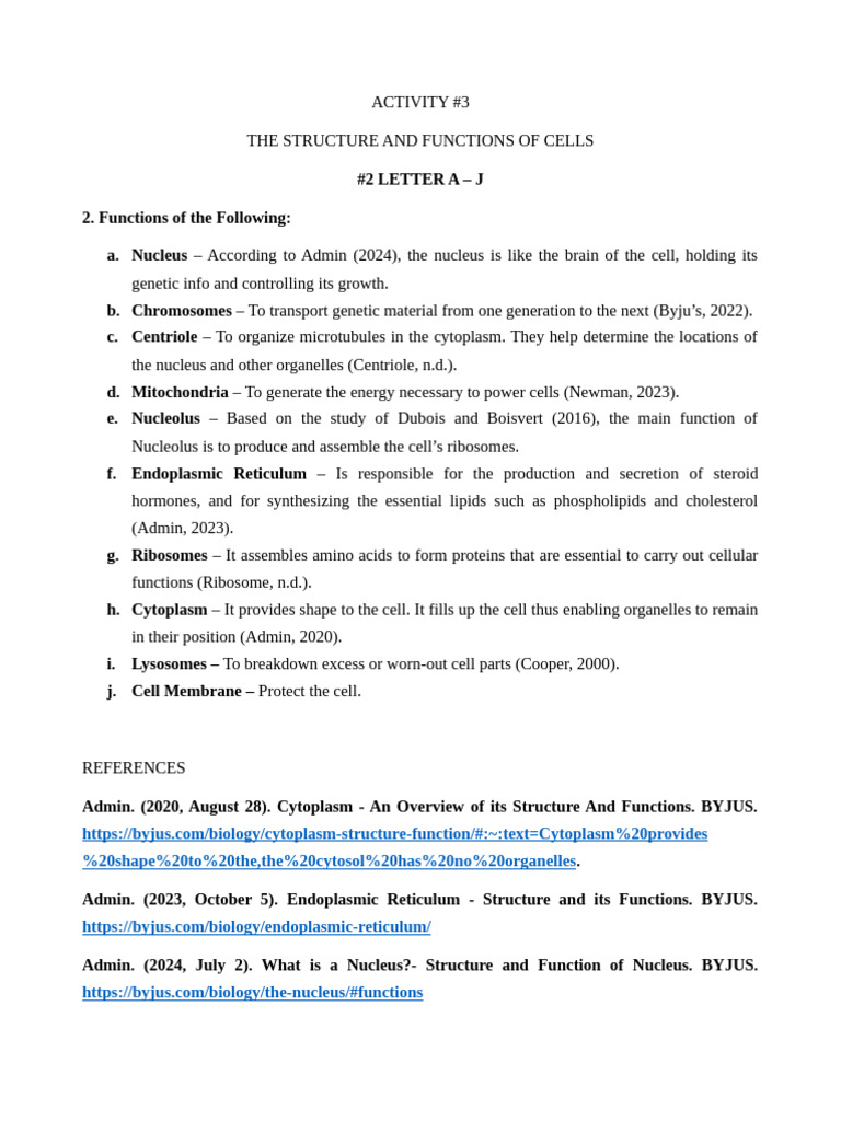 ACTIVITY 3 Number 2 Letters A J | PDF | Cell (Biology) | Cell Nucleus