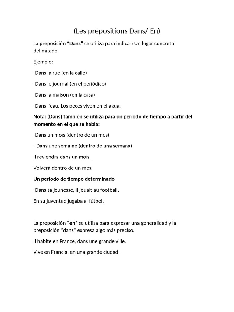 Uso de "Dans" y "En" en Francés | PDF