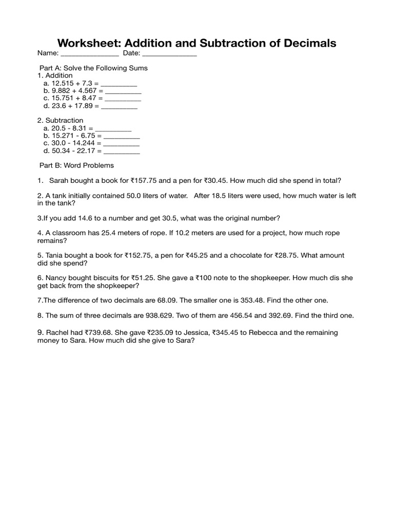 Decimals Addition and Subtraction Worksheet | PDF