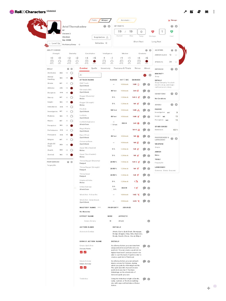 Ariel Thornshadow lvl2 - Roll20 Characters | PDF