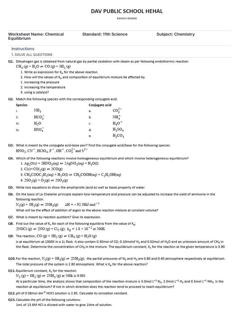 Chemical Equilibrium Worksheet | PDF | Acid | Acid Dissociation Constant