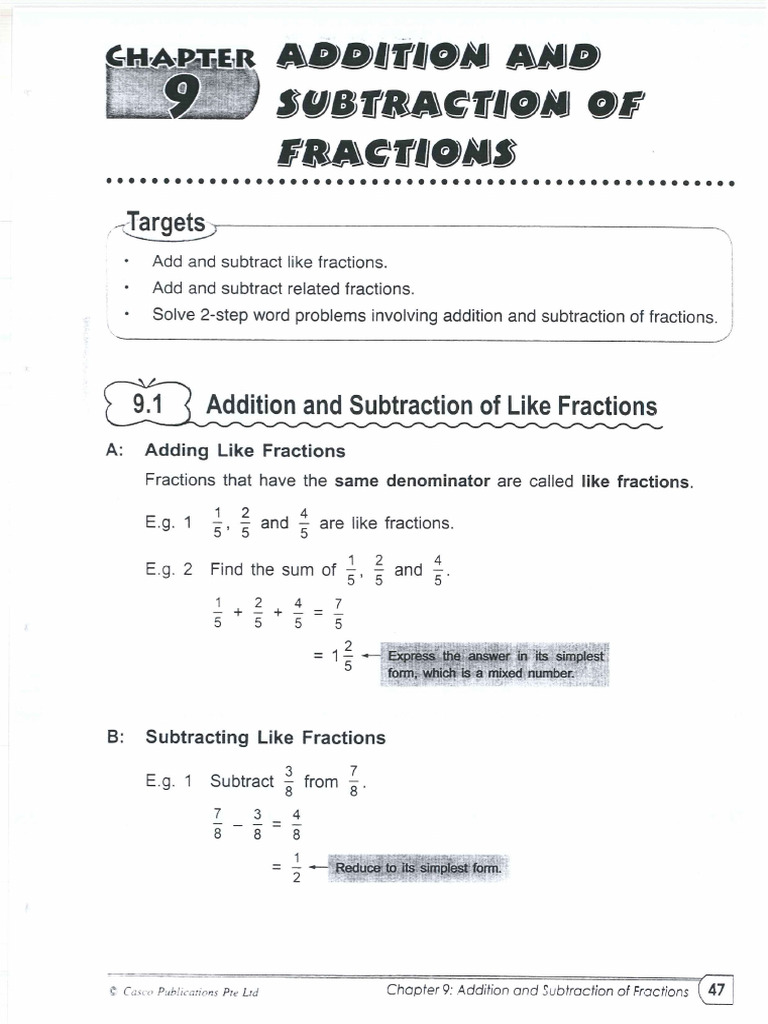 4B-1 Chapter (9) addition and subtraction of fraction | PDF