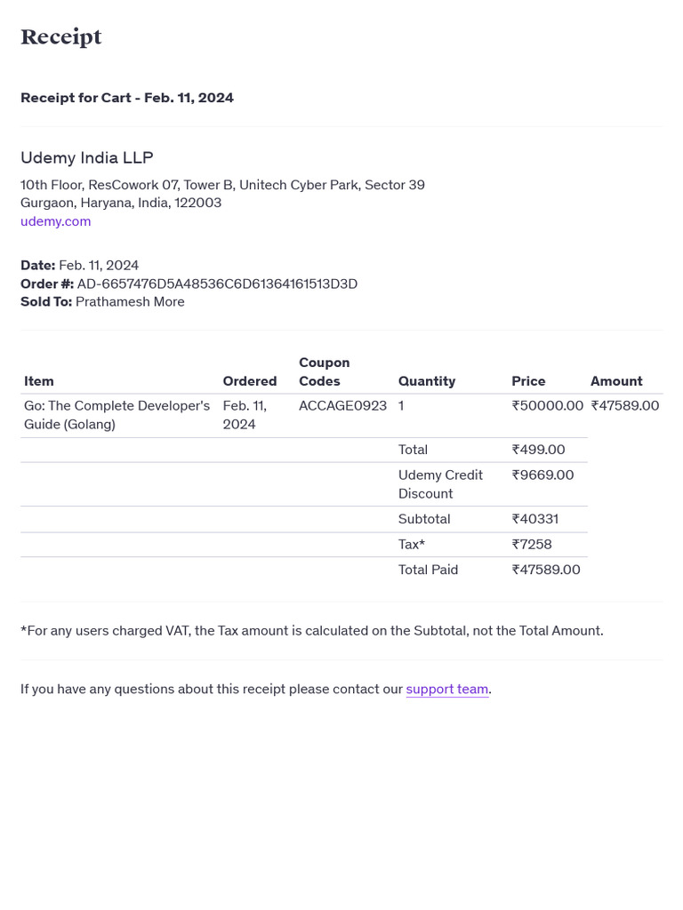 Udemy Course Purchase Receipt | PDF
