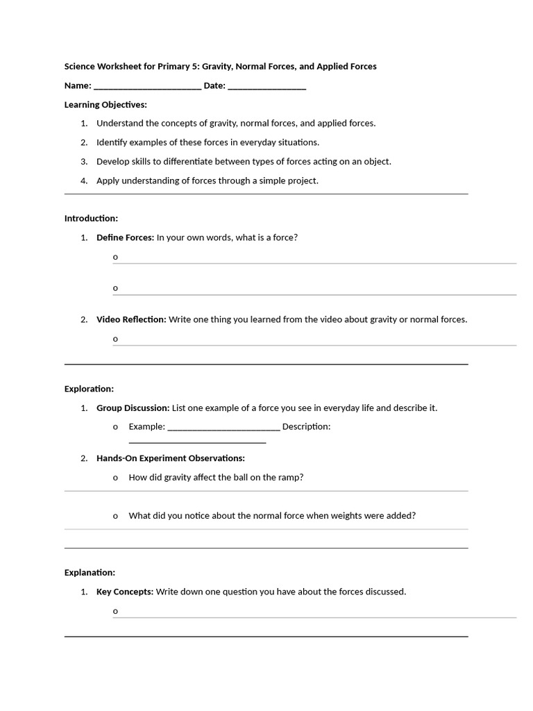 Forces in Action: Grade 5 Worksheet | PDF | Force | Gravity