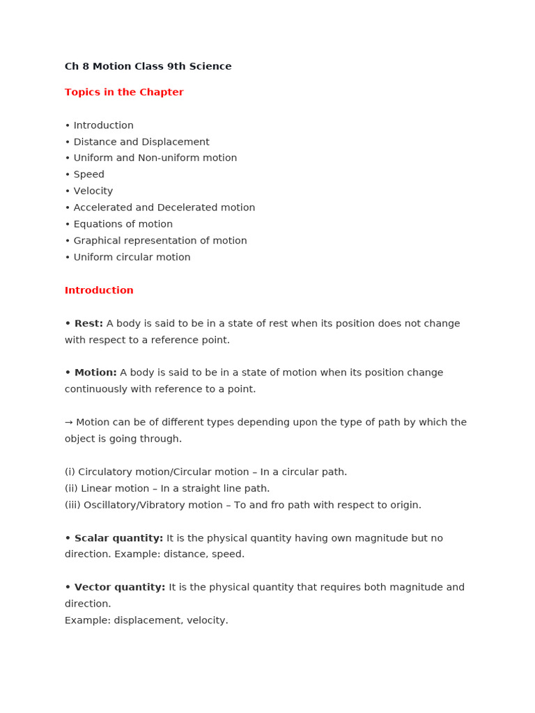 CH 8 Motion Class 9th Science UT2 | PDF | Acceleration | Speed
