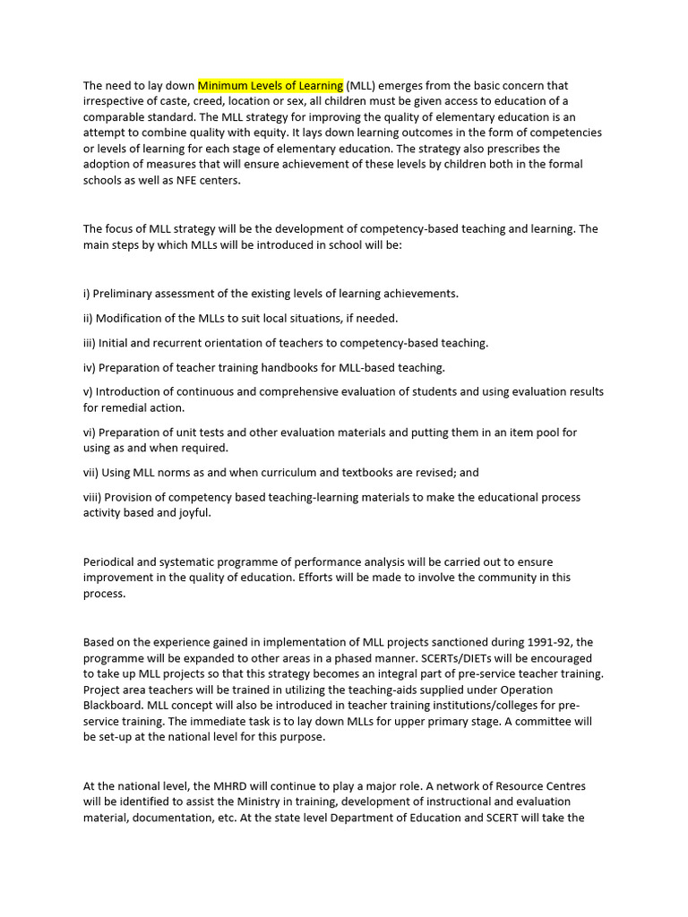 Minimum Levels of Learning | PDF