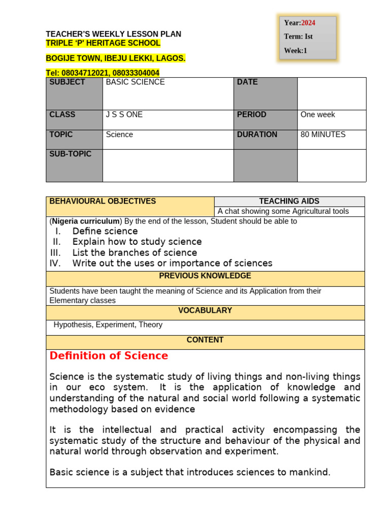 Jss1 Basic Science Week 1 | PDF | Science | Experiment
