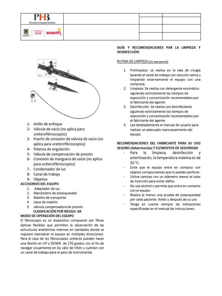Guía Rápida de Manejo Equipo Biomédico - Fibroscopio - Uretero | PDF