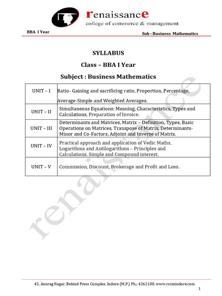 Business Mathematics Syllabus Overview | PDF | Matrix (Mathematics ...