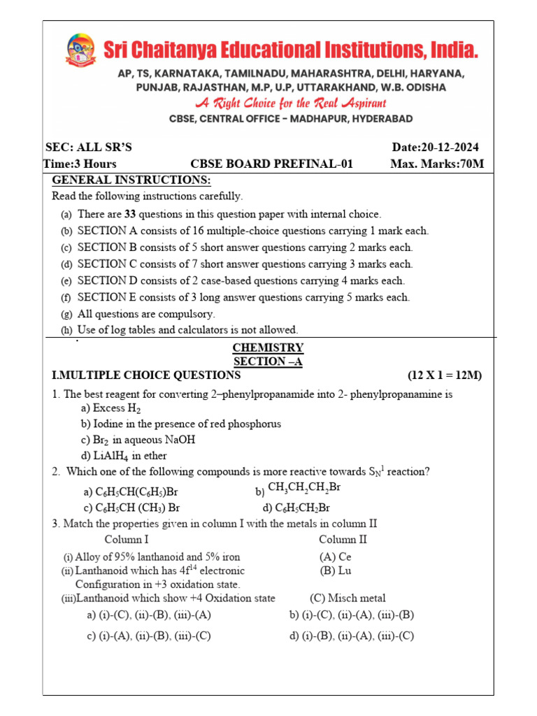 Cbse All Sr's Board Prefinal-1 Chemistry QP 20-12-2024 | PDF | Amine | Chemical Reactions
