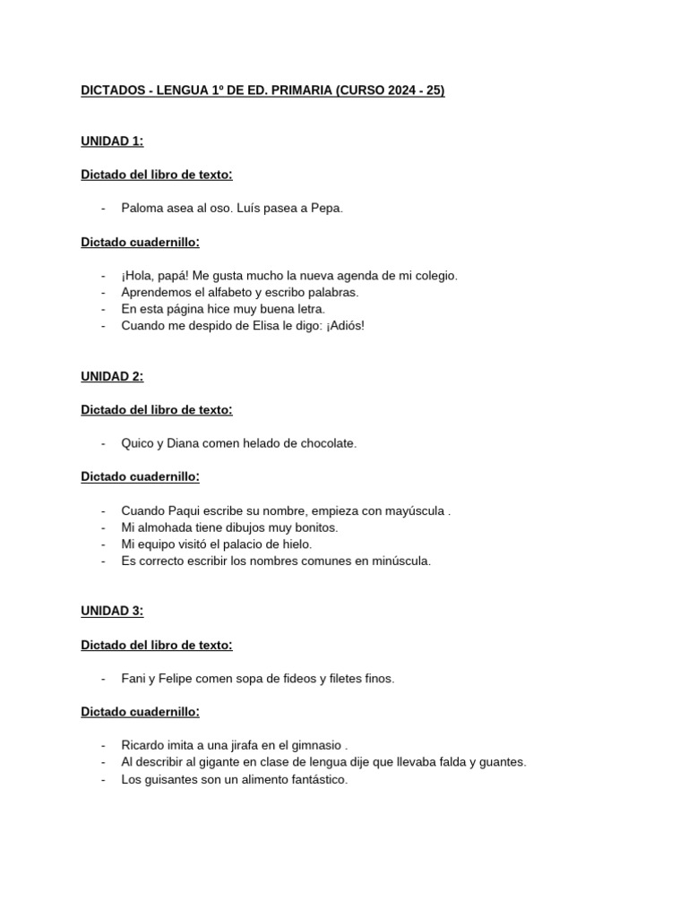 Dictados para 1º de Primaria 2024-25 | PDF | Alimentos