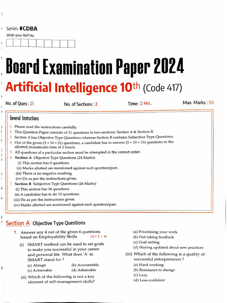 CLASS-10 AI Sample Papers With Solutions and Quick Study Notes | PDF