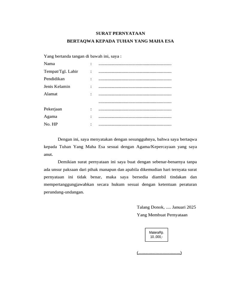 surat pernyataan bertaqwa kepada allah swt | PDF