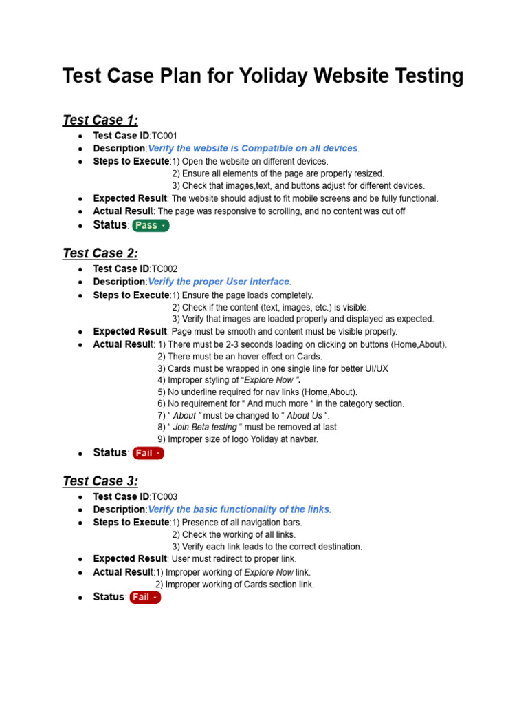 Test Case Plan For Yoliday | PDF | Software | Computing