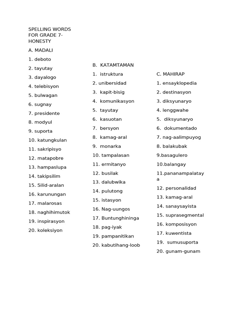 Spelling Words For Grade 7 - Honesty | PDF