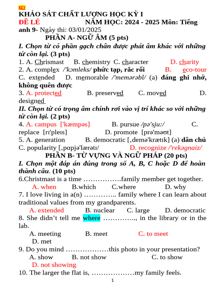 9.5. Đề Tiếng Anh 9 HK 1 - key | PDF | Grandparent