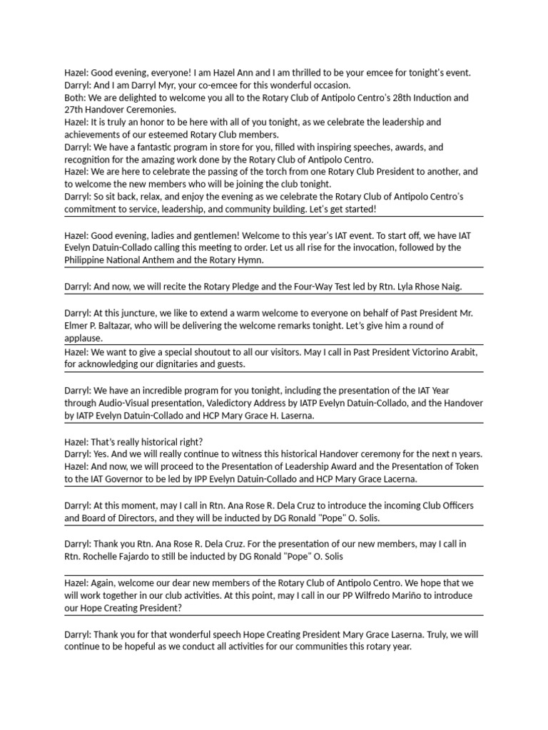 SCRIPT 27th Handover and 28th Induction Ceremonies RCAC | PDF | Meetings