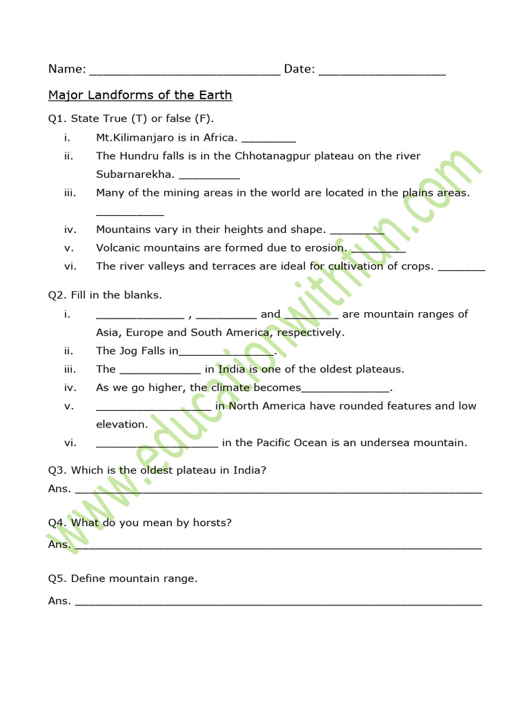 Major Landforms of The Earth Worksheet 1-1 | PDF