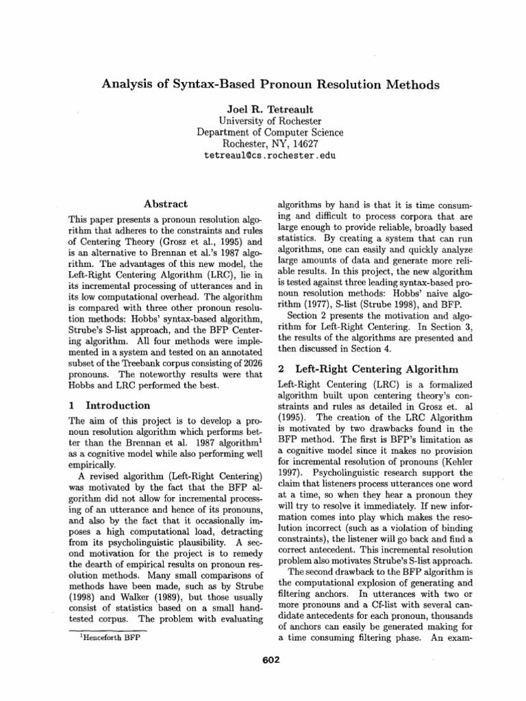 1999analysis of Syntax-Based Pronoun Resolution Methods | PDF | Pronoun | Linguistics
